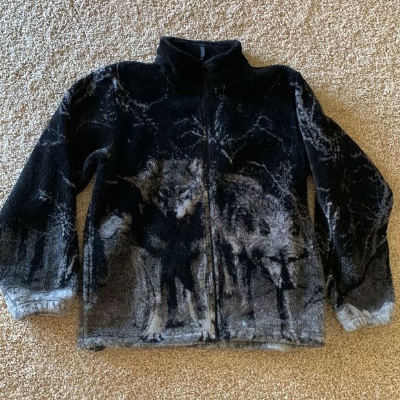 Vintage | Jackets & Coats | Vintage Black And Gray Wolf Print Jacket ...